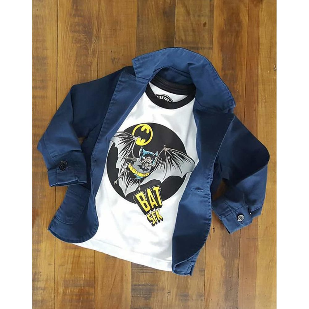 Camiseta Infantil Menino Branca Bat SFK com Mangas Pretas - EcaMeleca