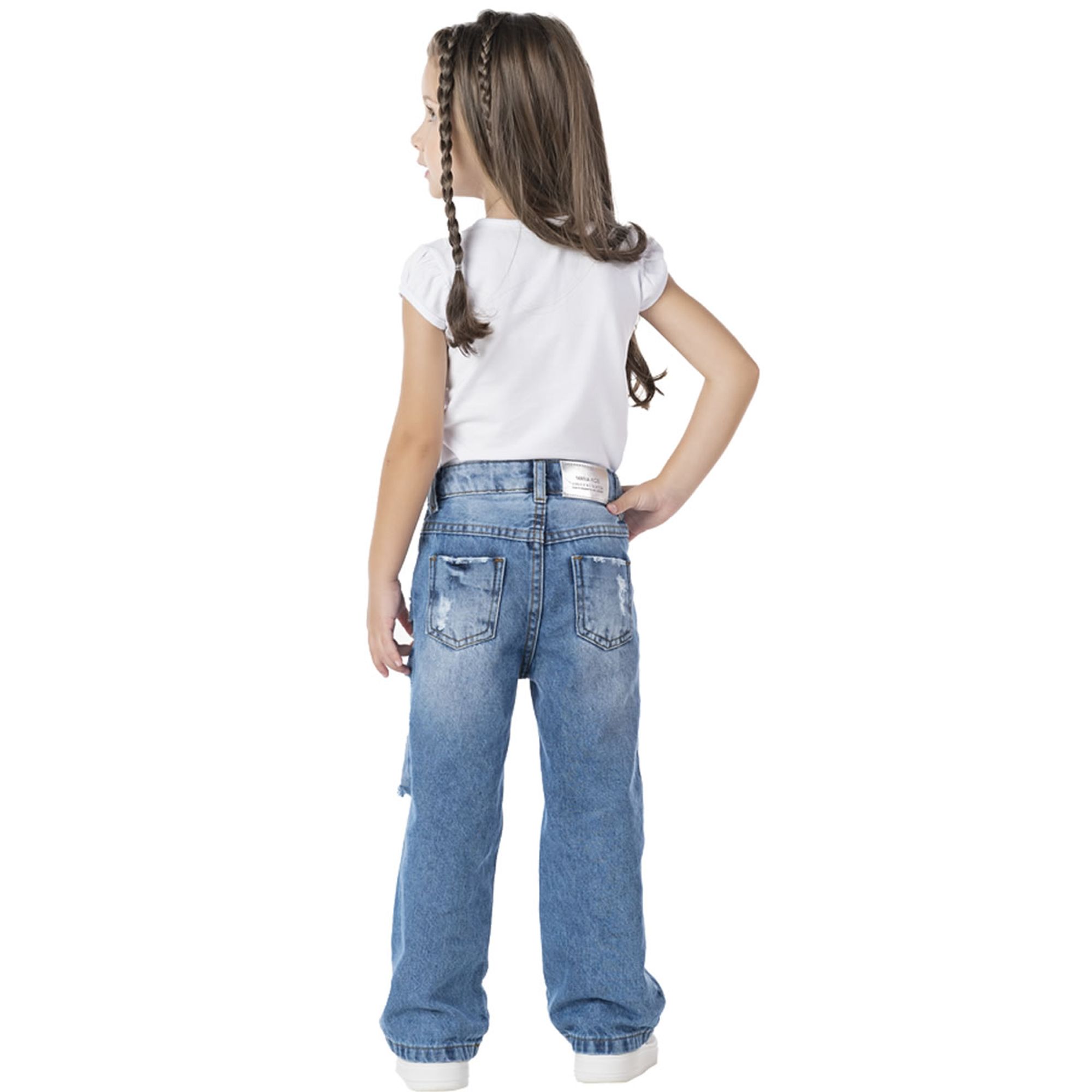 Calça Meninas Jeans Wide Leg Com Rasgos - EcaMeleca