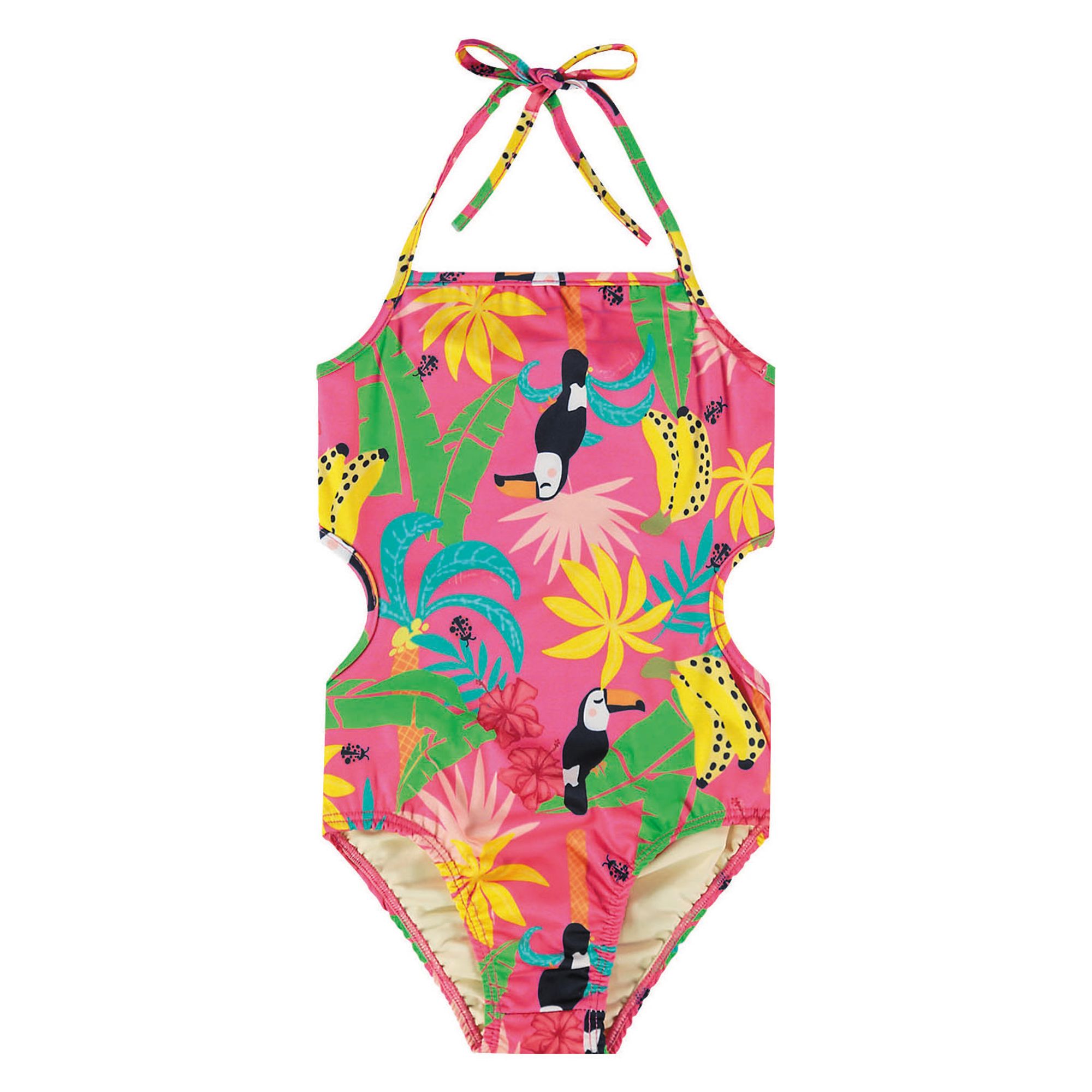 Maiô Infantil Pink Estampa Tropical Tucanos Recorte Lateral - EcaMeleca