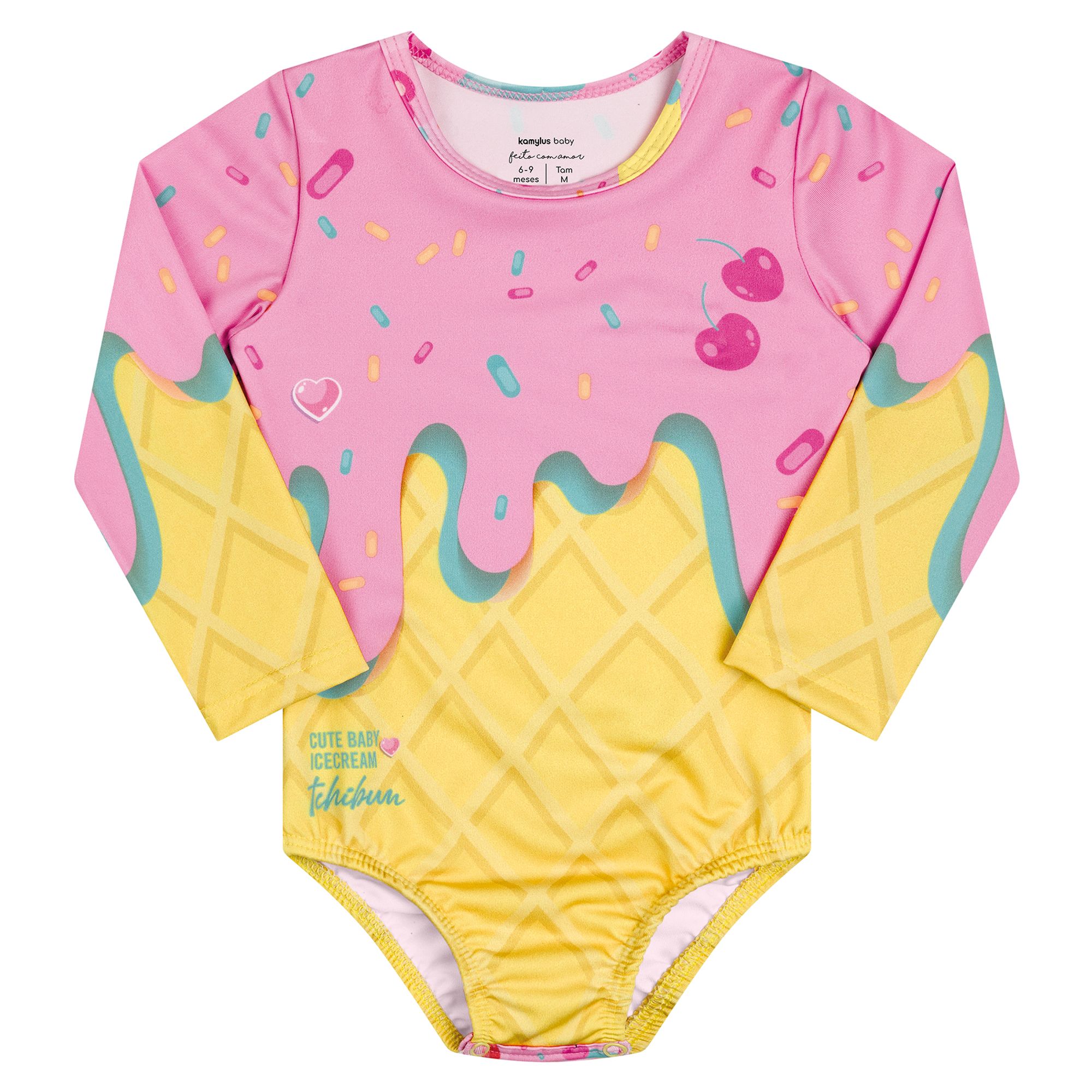 Maiô Body Bebê Meninas Manga Longa Rosa Baby Ice Cream - EcaMeleca