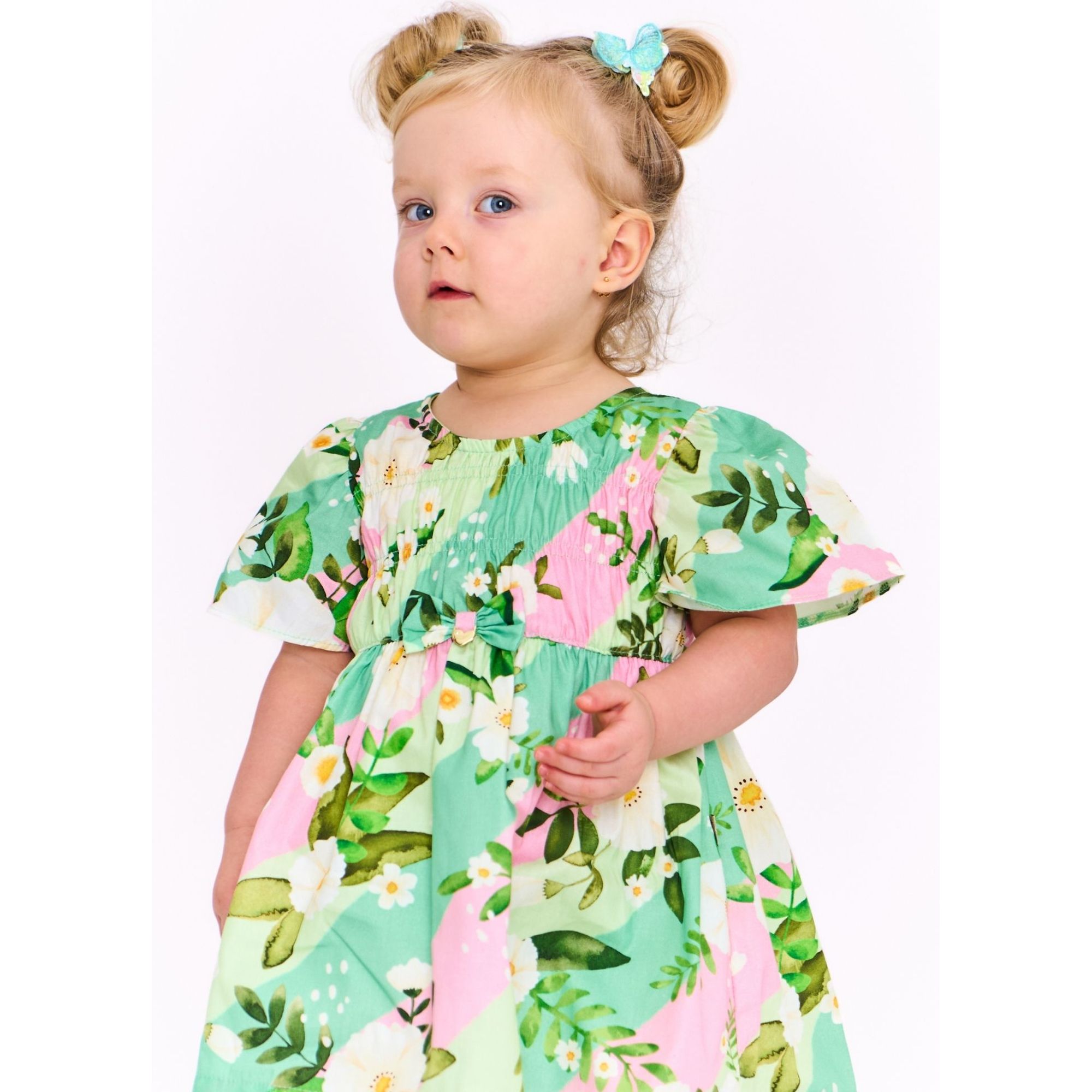 Vestido e Calcinha Bebê Floral Aurora Verde e Rosa Alphabeto - EcaMeleca
