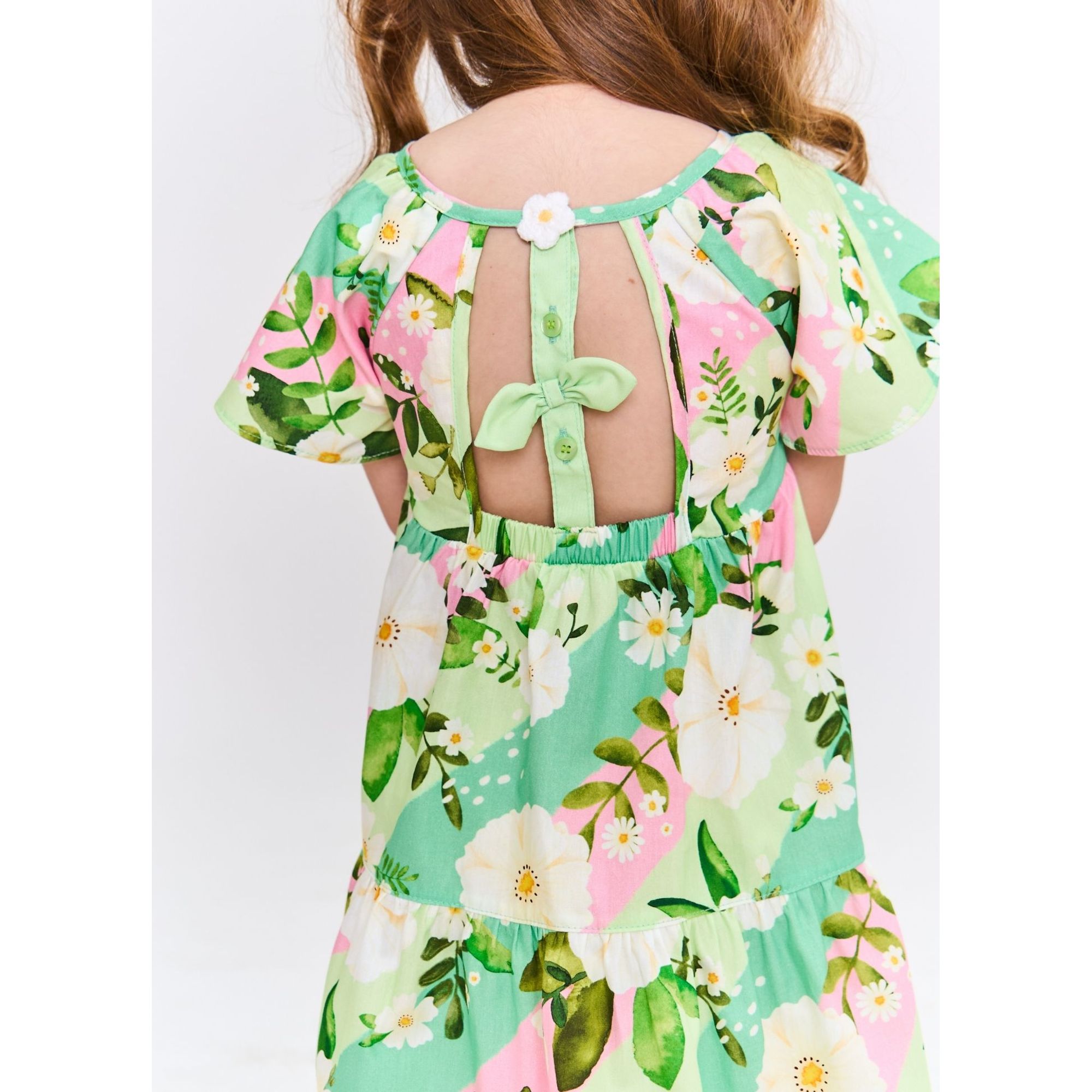 Vestido Meninas Floral Aurora Verde e Rosa Decote Costas Alphabeto ...